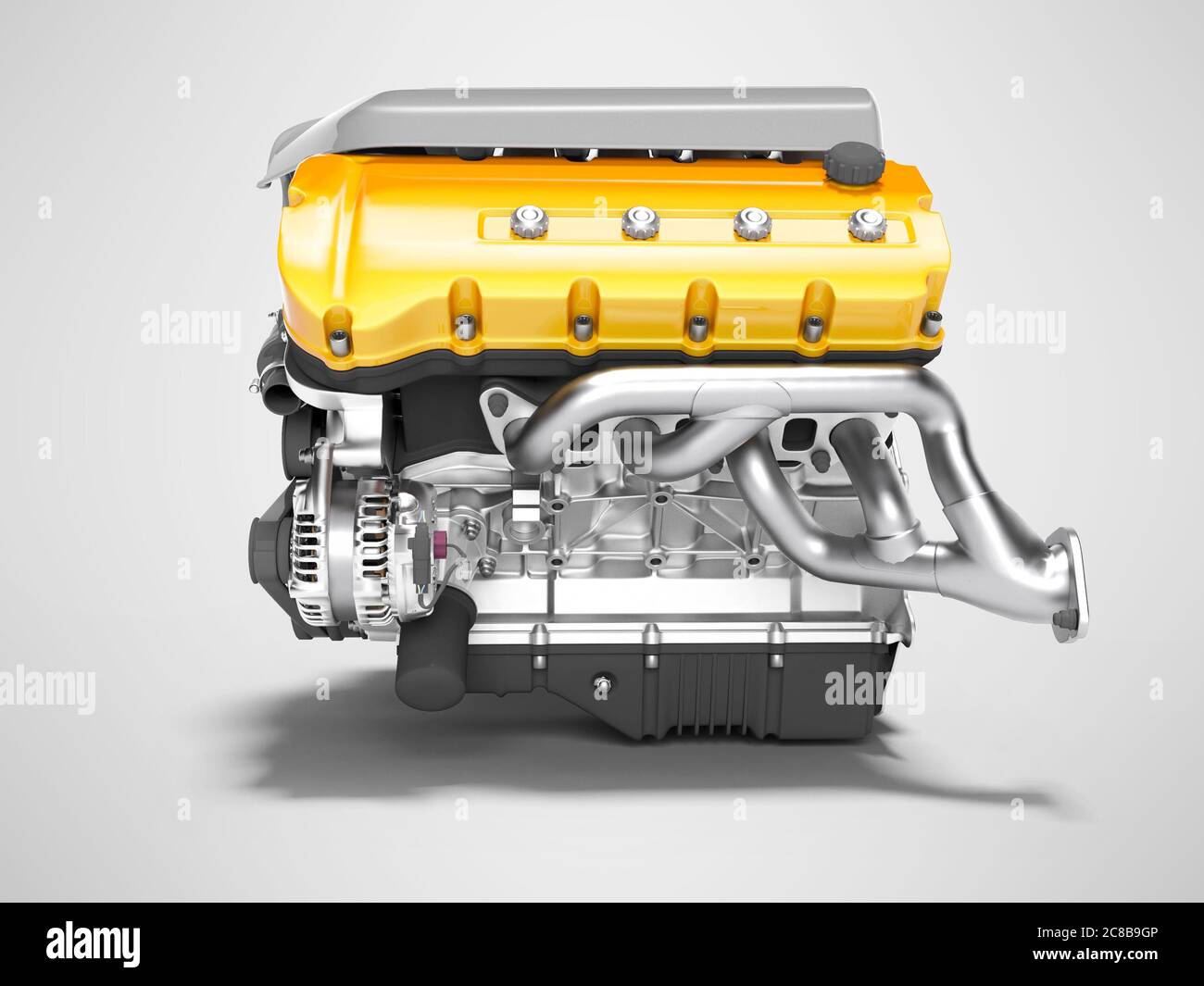 Car engine cast iron yellow with starter left view 3d render on gray ...