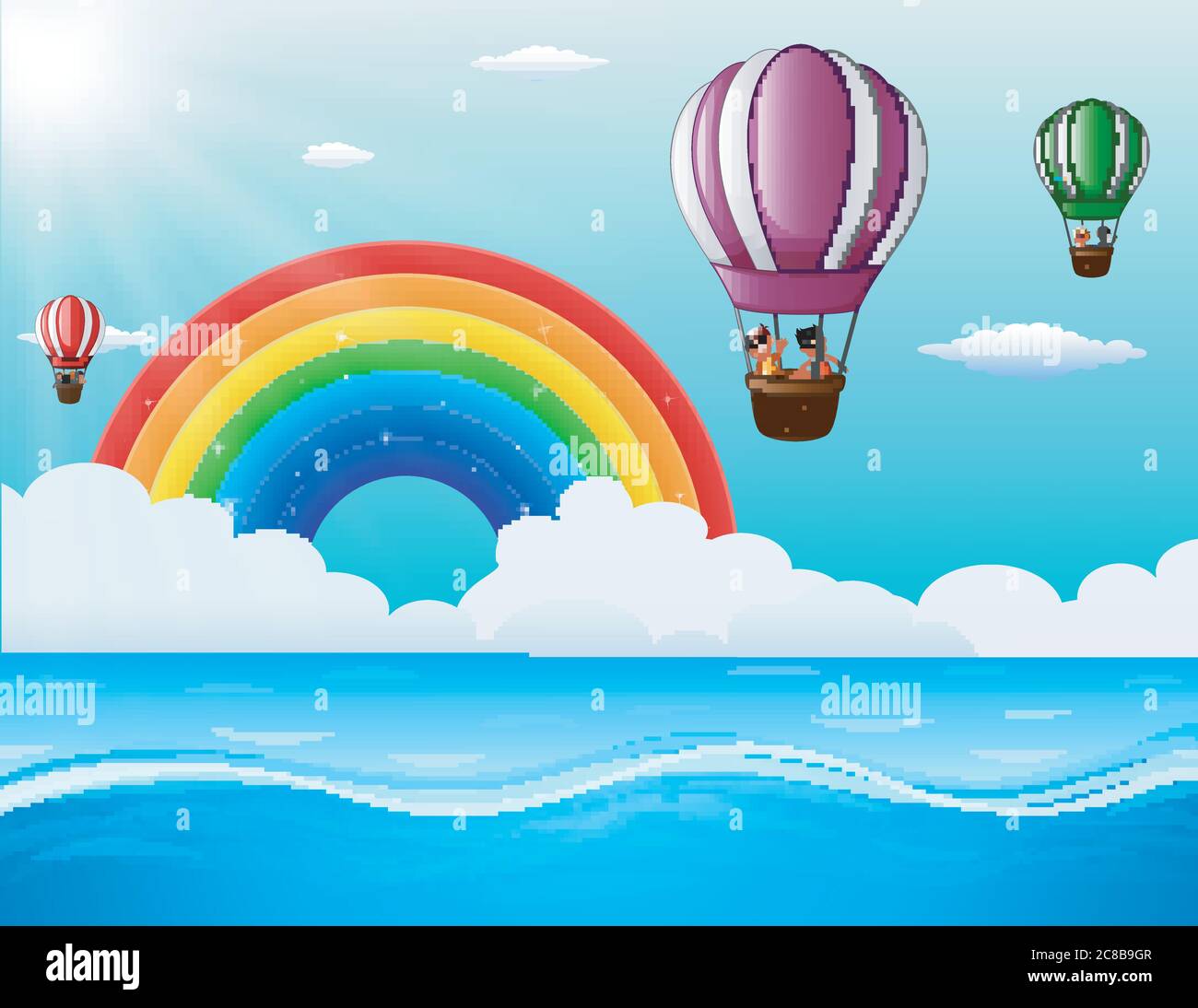 Happy cartoon kids flying in a hot air balloon in ocean Stock Vector ...