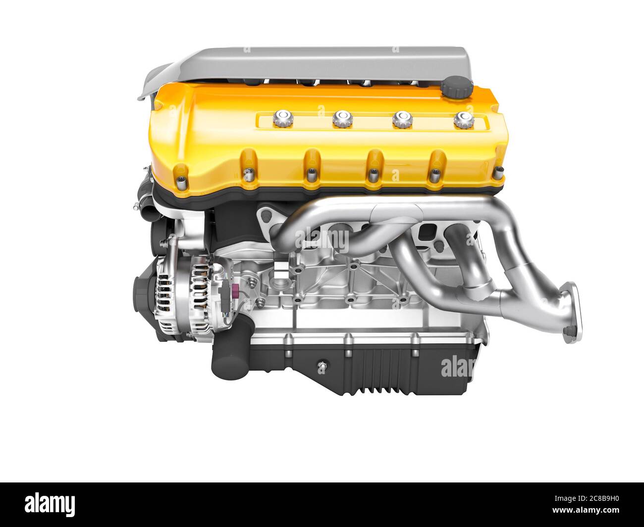 Car engine cast iron yellow with starter left view 3d render on white ...