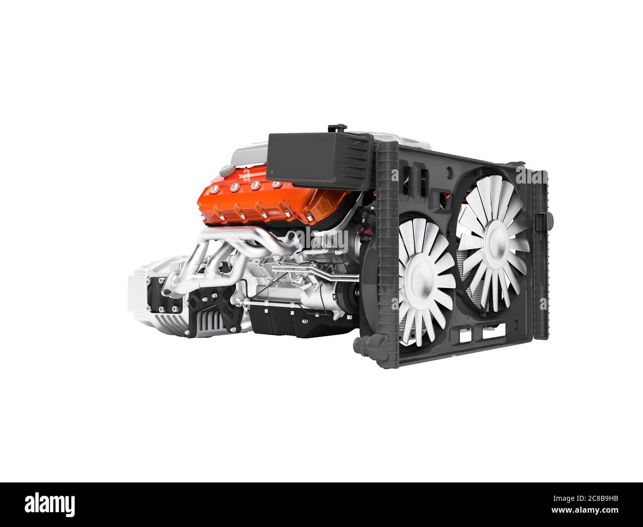 Car engine for eight cylinders red assembled collector and gearbox ...