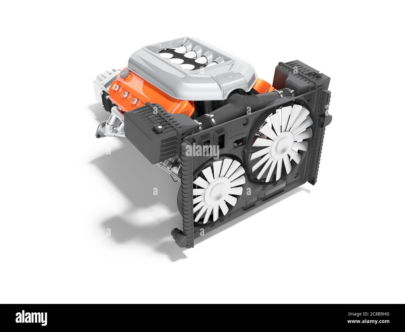 Car engine for eight cylinders red assembled with air filters collector ...