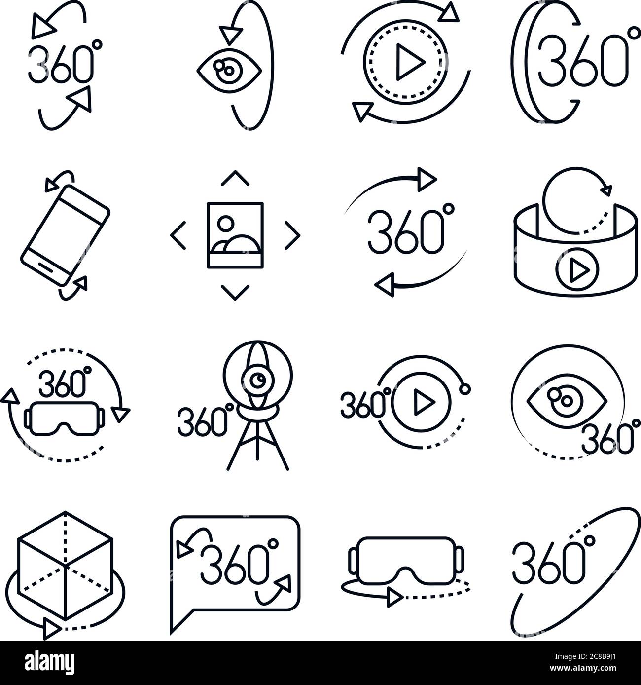 360 degree view virtual tour image panorama linear style icons set ...