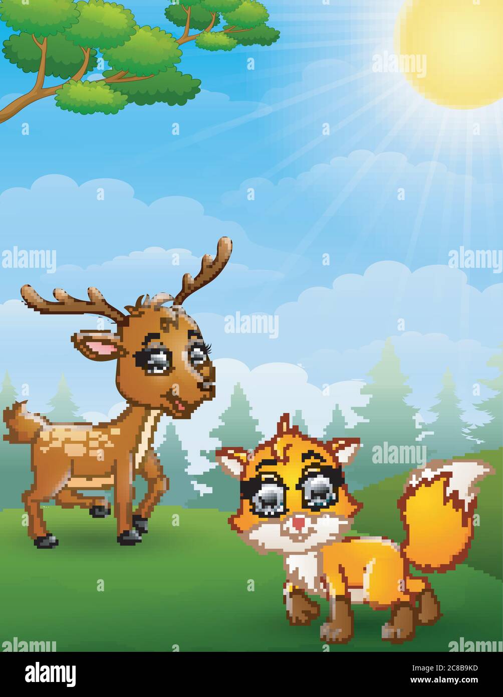 Mouse deer and baby fox cartoon in the jungle Stock Vector Image & Art ...