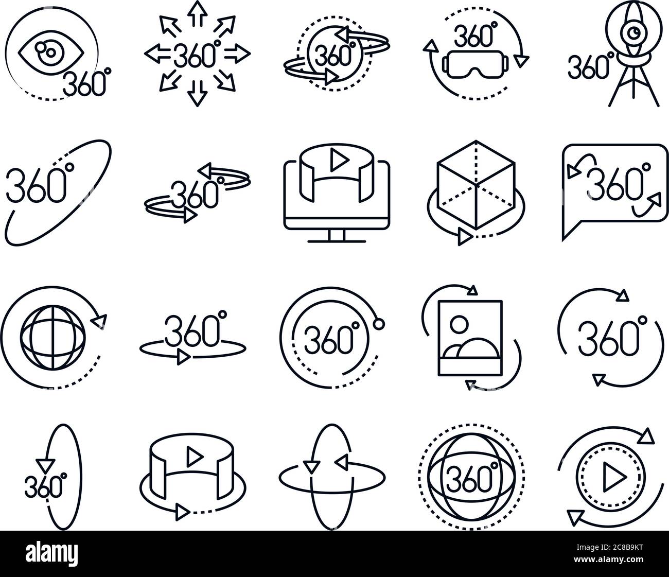 360 degree view virtual tour image panorama linear style icons set design vector illustration ...