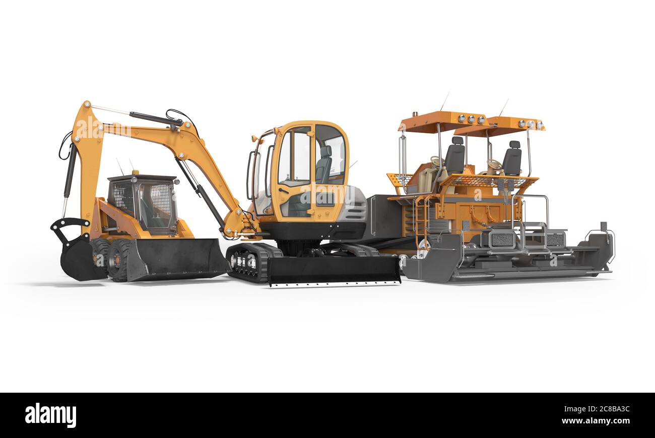 Concept heavy equipment excavator mini loader paver front view 3d ...