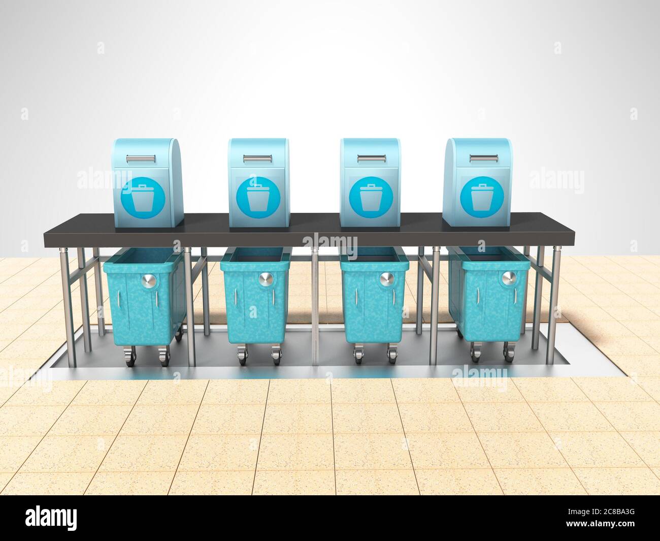 Concept hidden trash cans in the box 3d render on gray background with ...