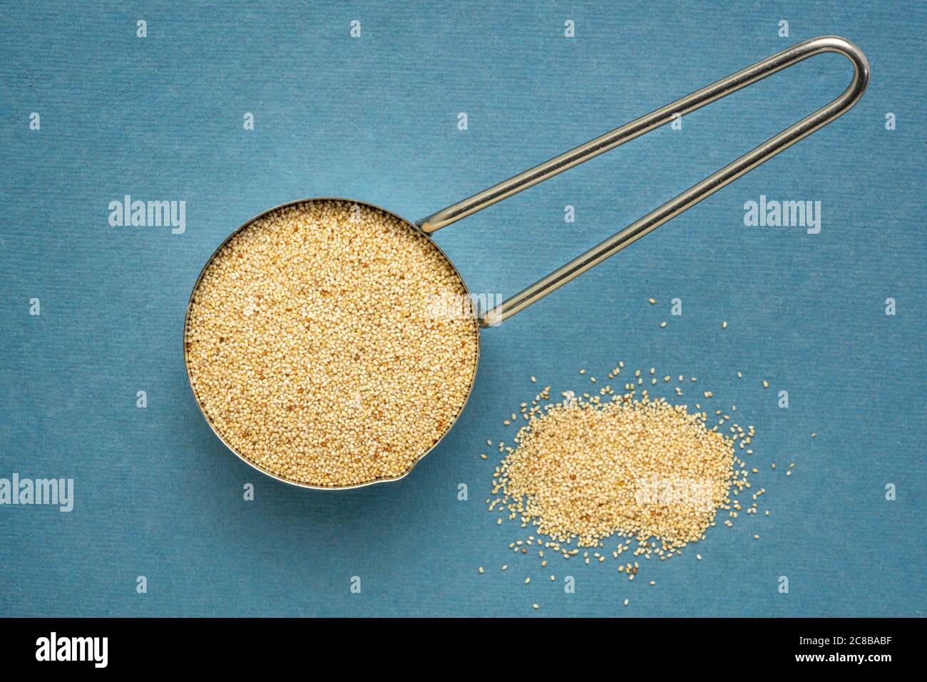 gluten free ivory teff grain in a metal measuring scoop, top view ...