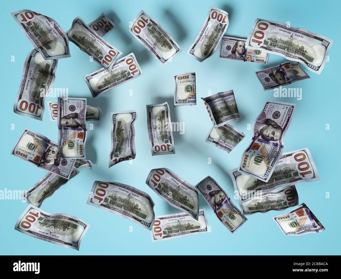 Dollar bills concept falling on white floor 3d render on blue ...