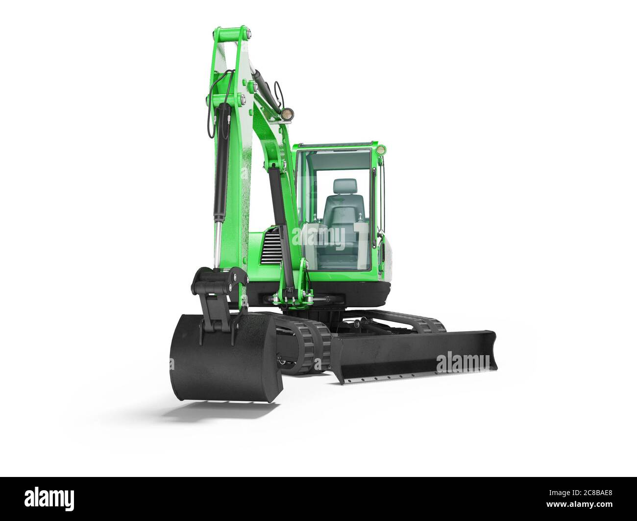 Green mini tracked excavator with turned cab to the left 3d render on ...