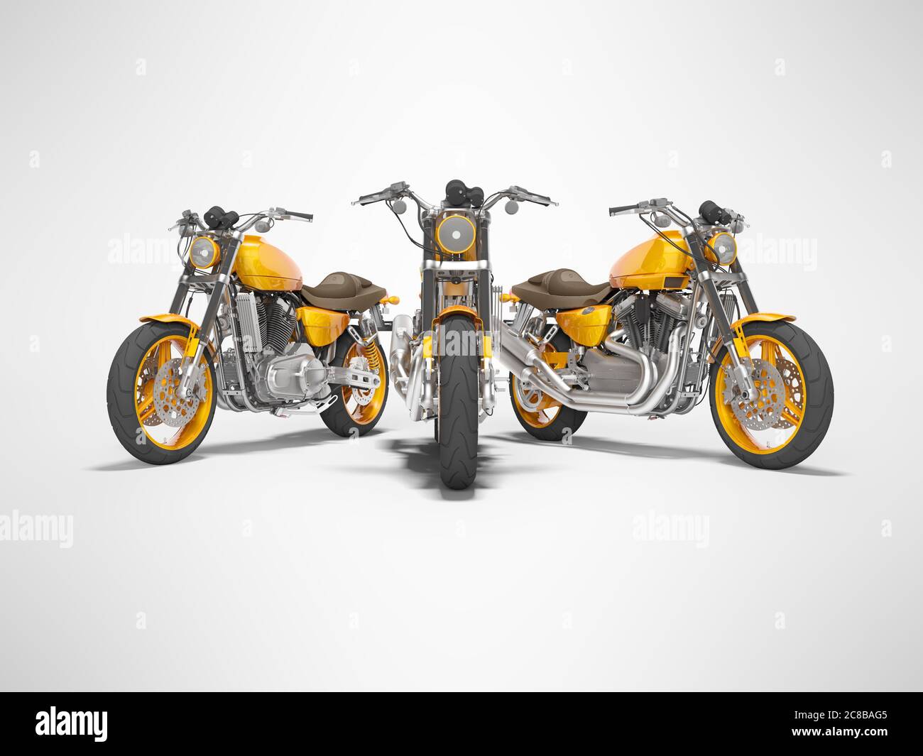 Group of orange motorcycles front view 3d render on gray background ...