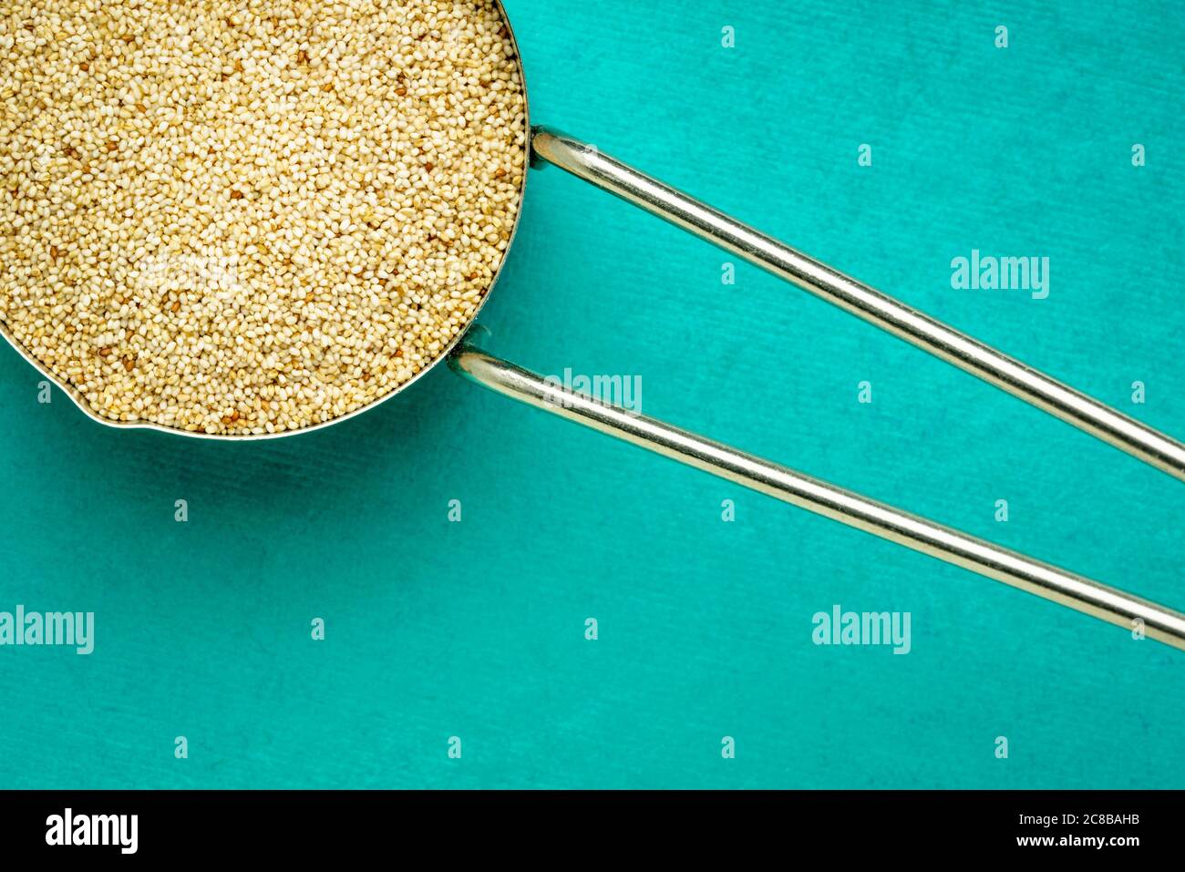 gluten free ivory teff grain in a metal measuring scoop, top view ...