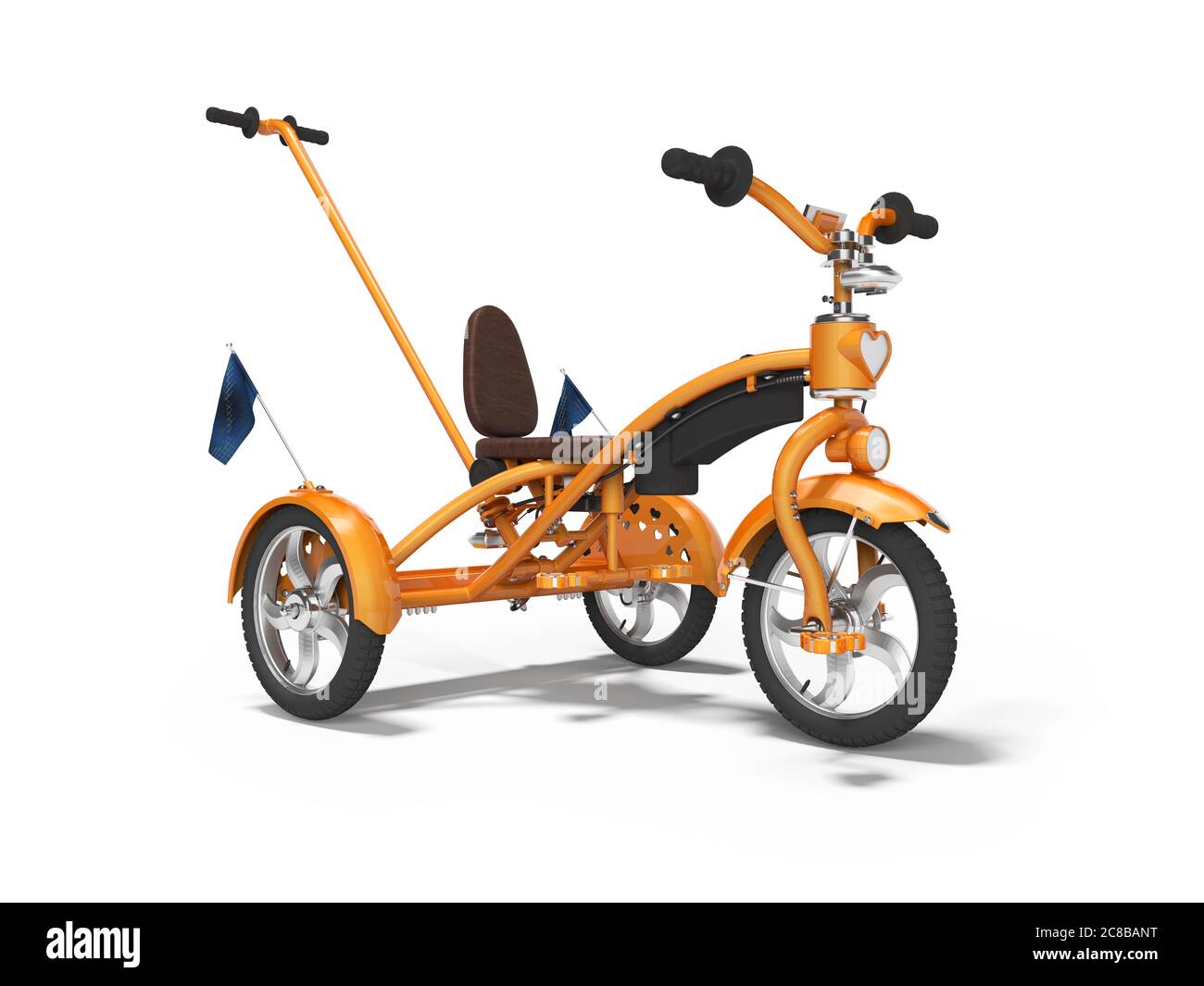Orange kids bike with telescopic handle isolated 3d render on white ...