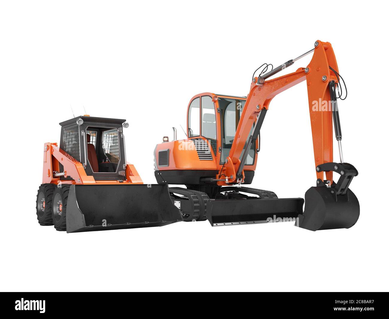 Orange mini excavator tracked on rubber run and mini loader on wheels ...