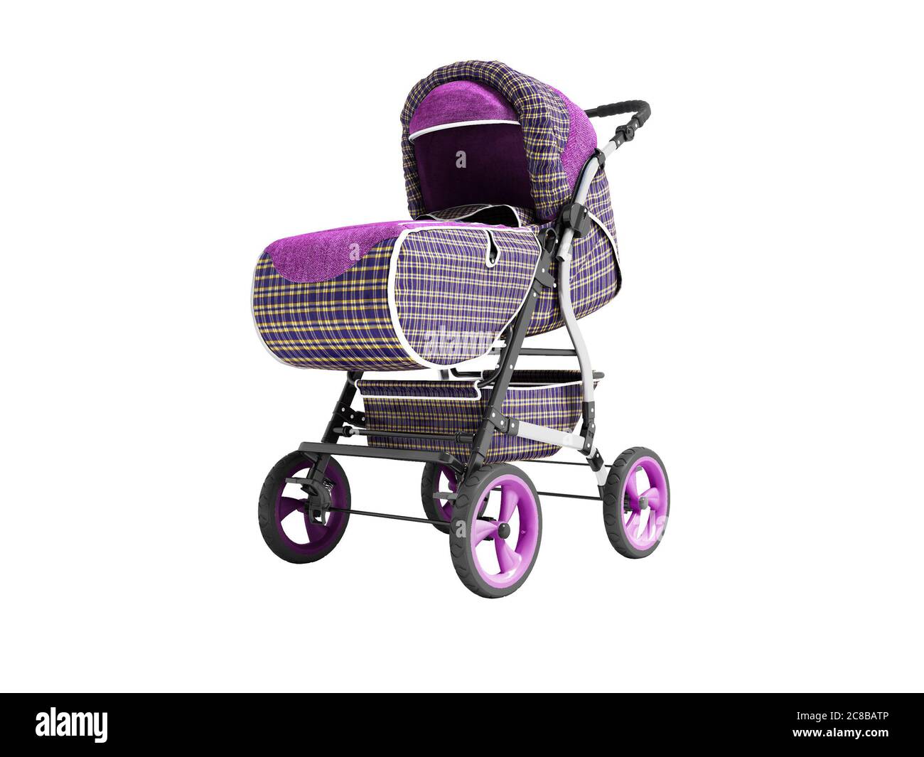 Purple baby stroller with cloth cage for baby isolated 3d render on ...