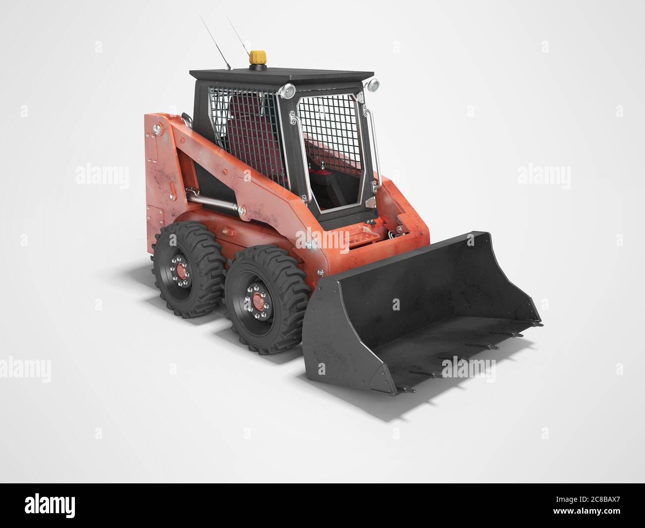 Red diesel loader with front bucket perspective view 3d render on gray ...