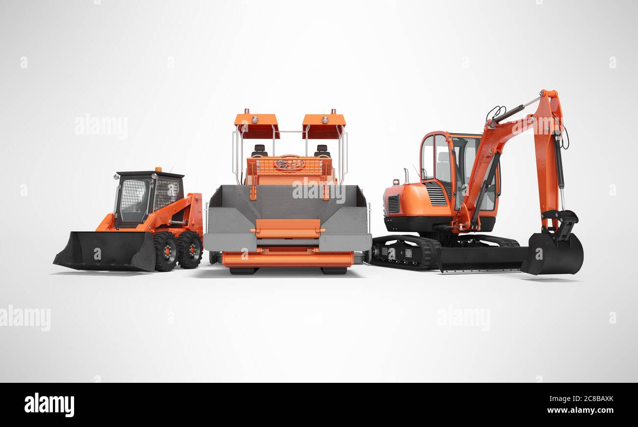 Red group of heavy machinery excavator mini paver loader front view 3d ...