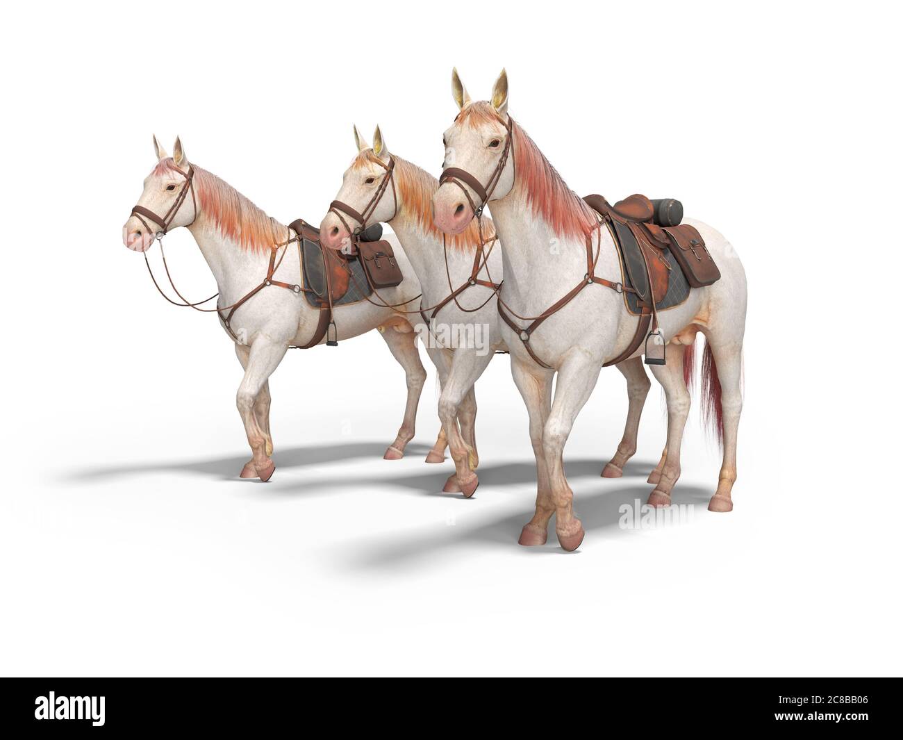 Three horses in bridle go 3d render on white background with shadow ...