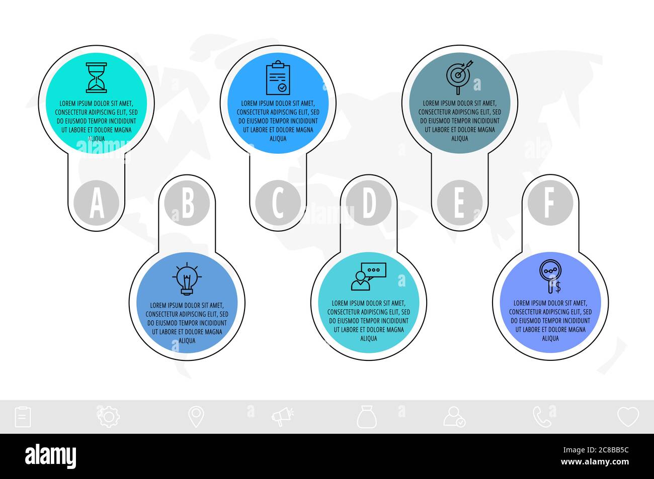 Infographics circles with 6 steps, icons. Flat line vector template. Can be used for six ...