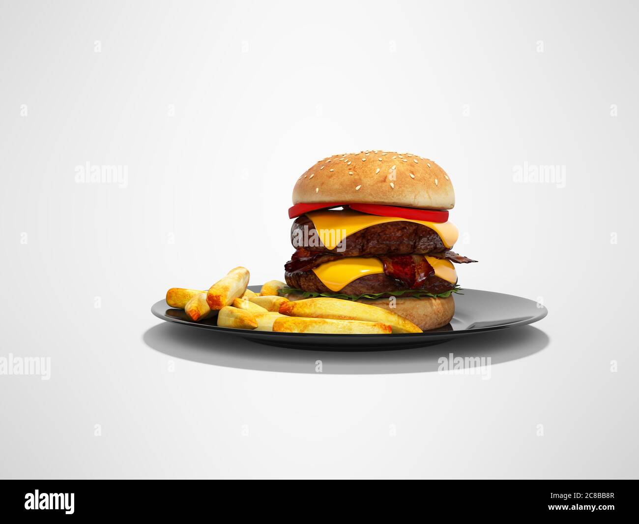 Baked hamburger and potato on plate 3d render on gray background with ...