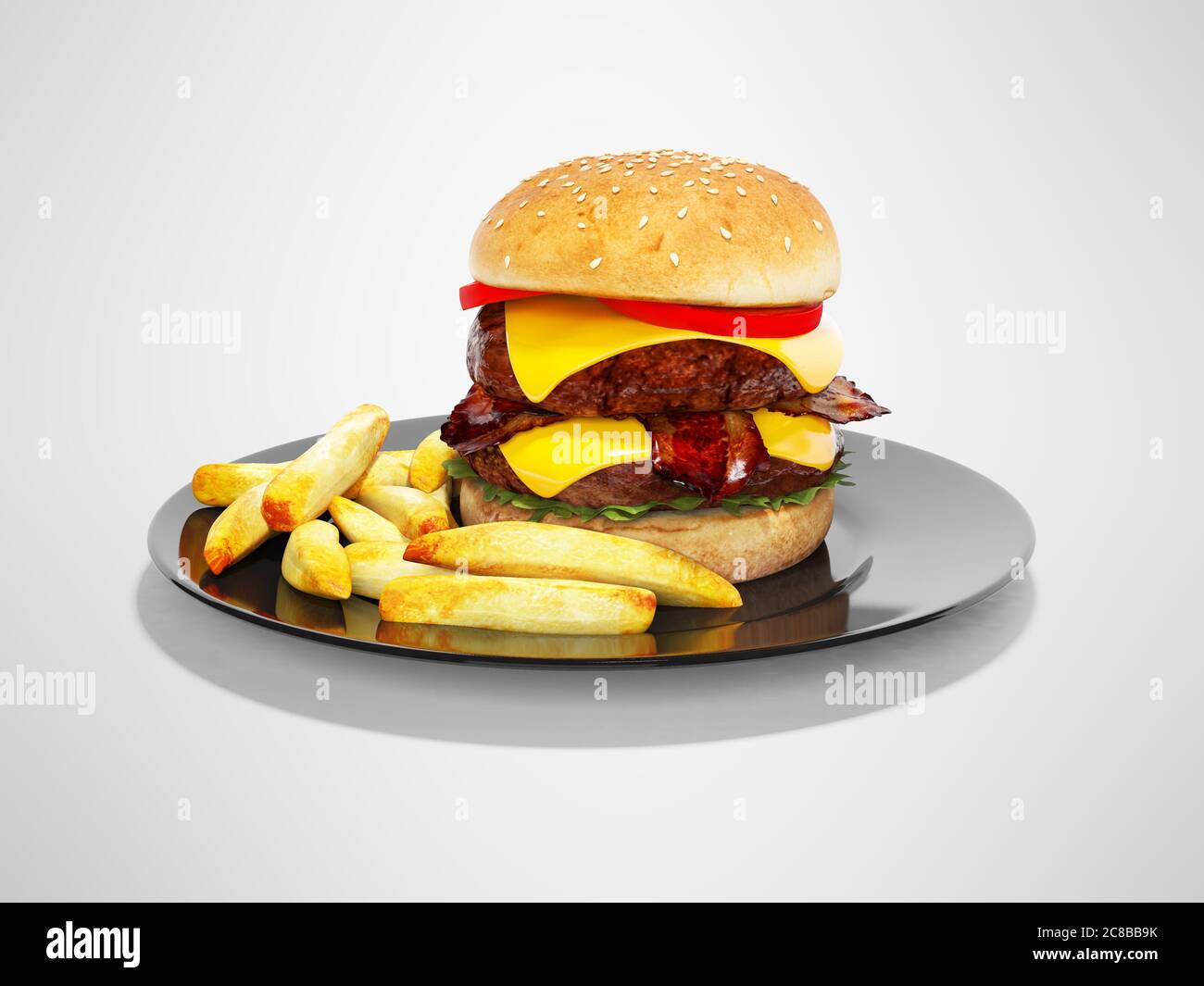 Baked hamburger and potato on plate isolated 3d render on gray ...