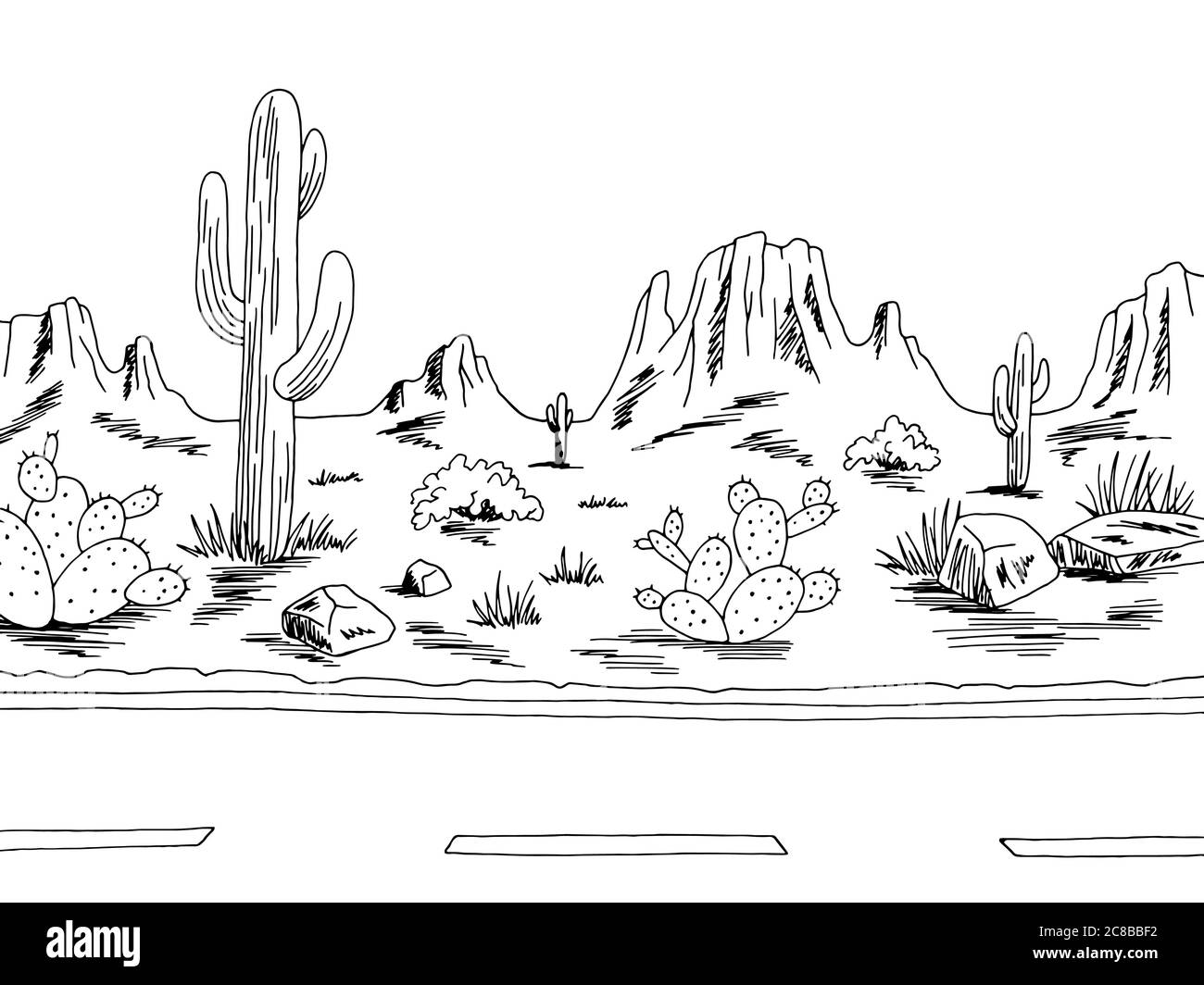 Prairie road graphic black white landscape sketch illustration vector ...