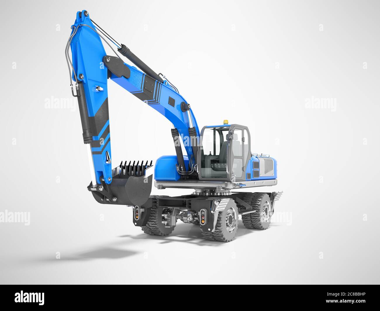 Blue excavator loader wheel isolated 3D render on gray background with ...