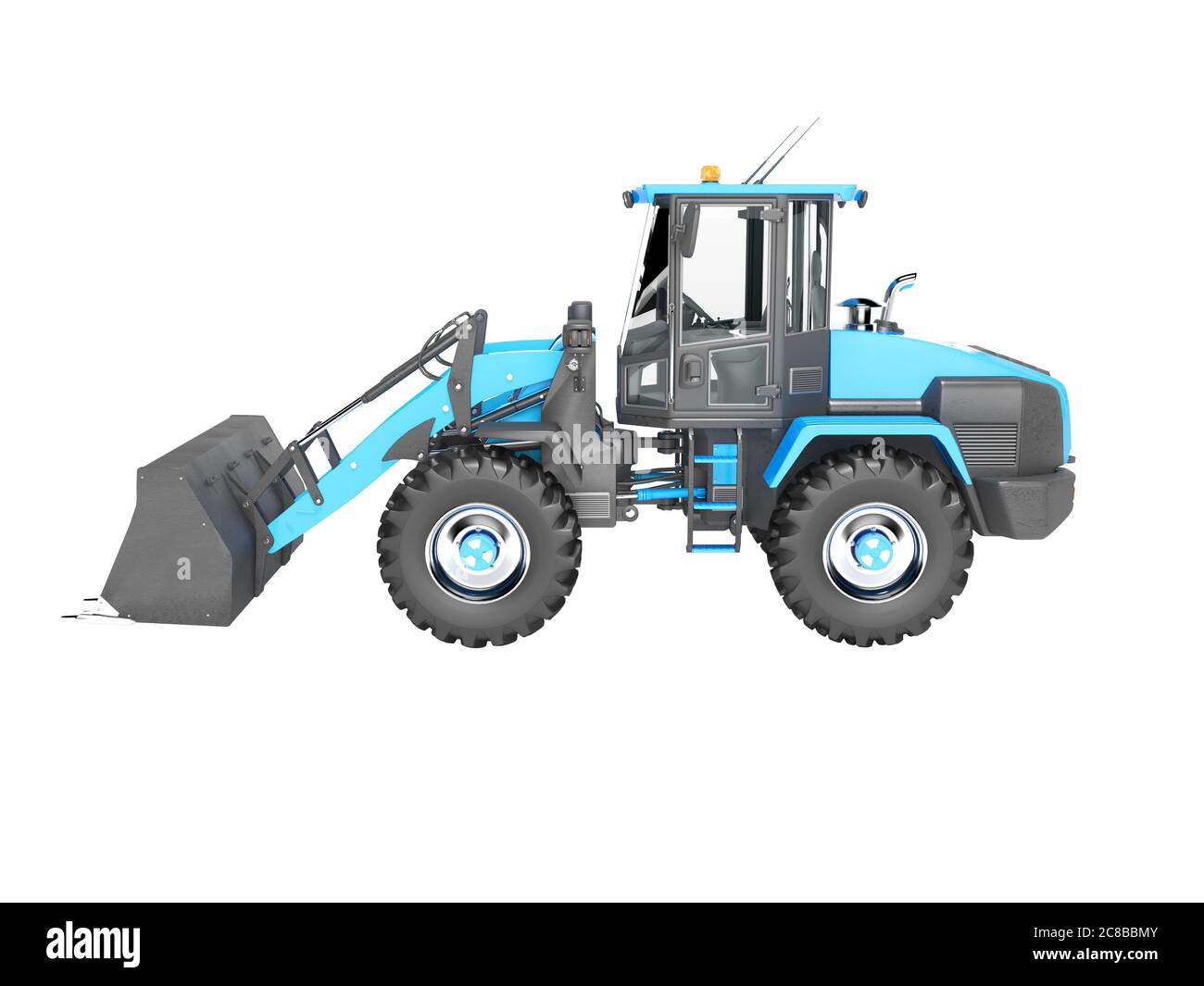Blue front loader with large bucket on wheeled drive left side 3D ...