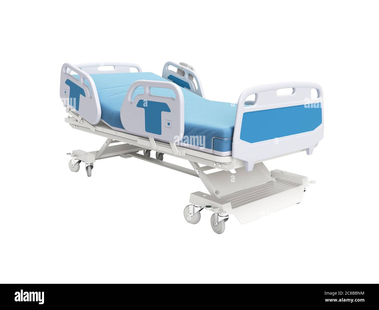 Blue hospital bed with lifting mechanism on standalone control panel ...