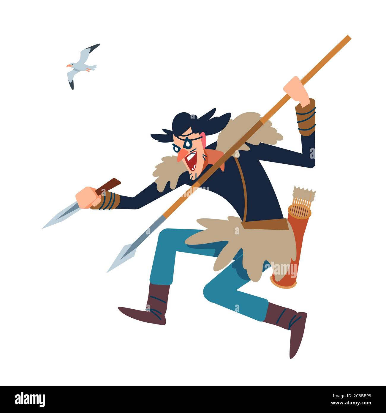 Viking. Mad wiry long Viking warrior with spear and dagger attacks from ...