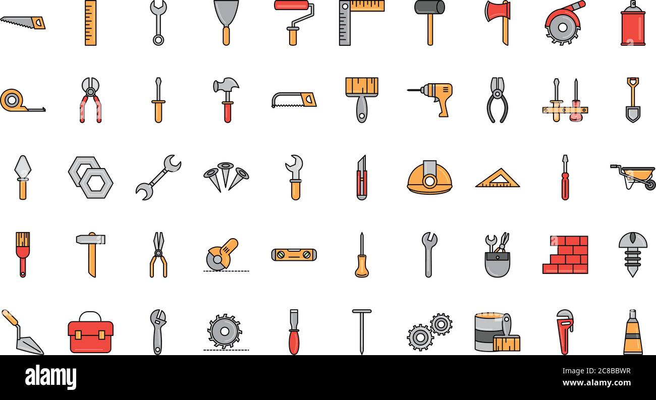 tool repair maintenance and construction equipment icons set line and ...