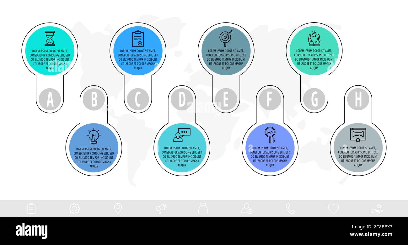 Infographics circles with 8 steps, icons. Flat line vector template. Can be used for eight ...