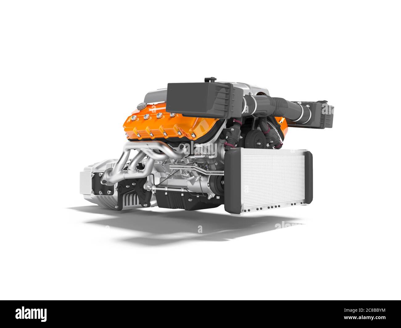 Car engine for eight cylinders red assembled with air filters collector ...