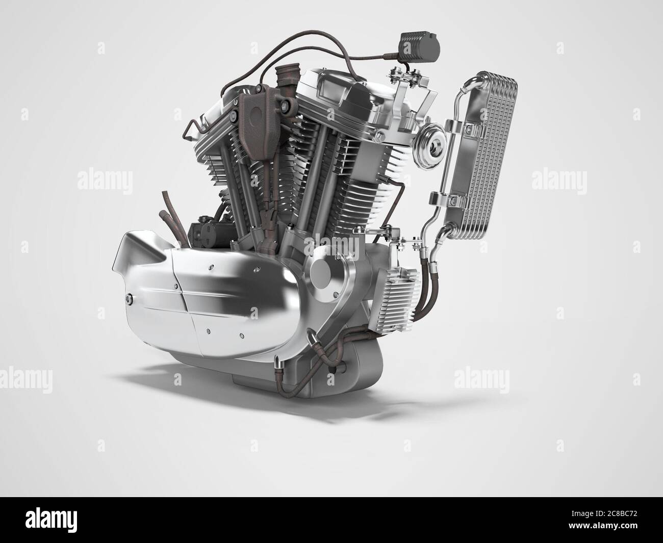 Concept motorcycle engine with radiator with gearbox 3d render on gray ...