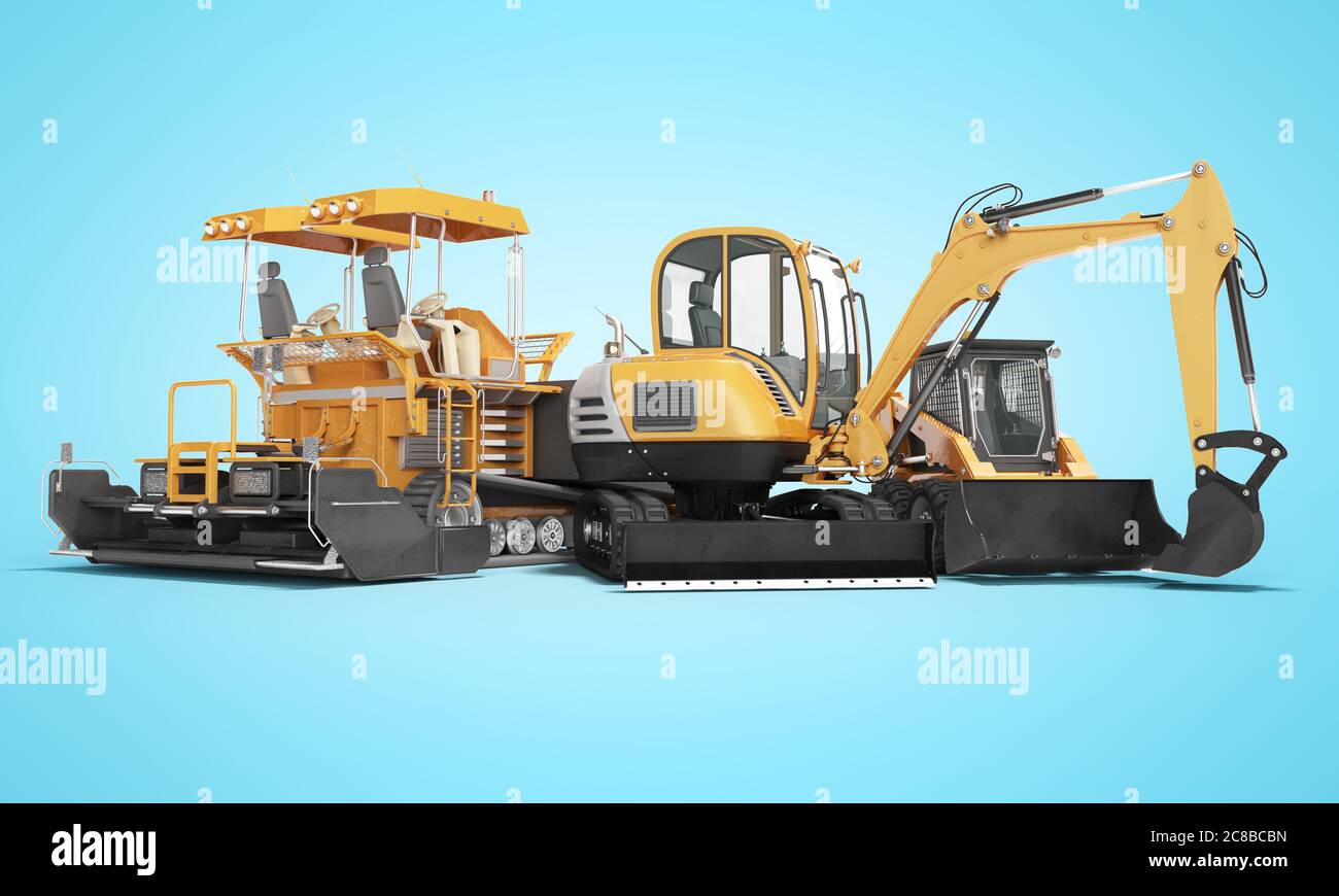 Concept road machinery paver excavator small loader 3d render on blue ...