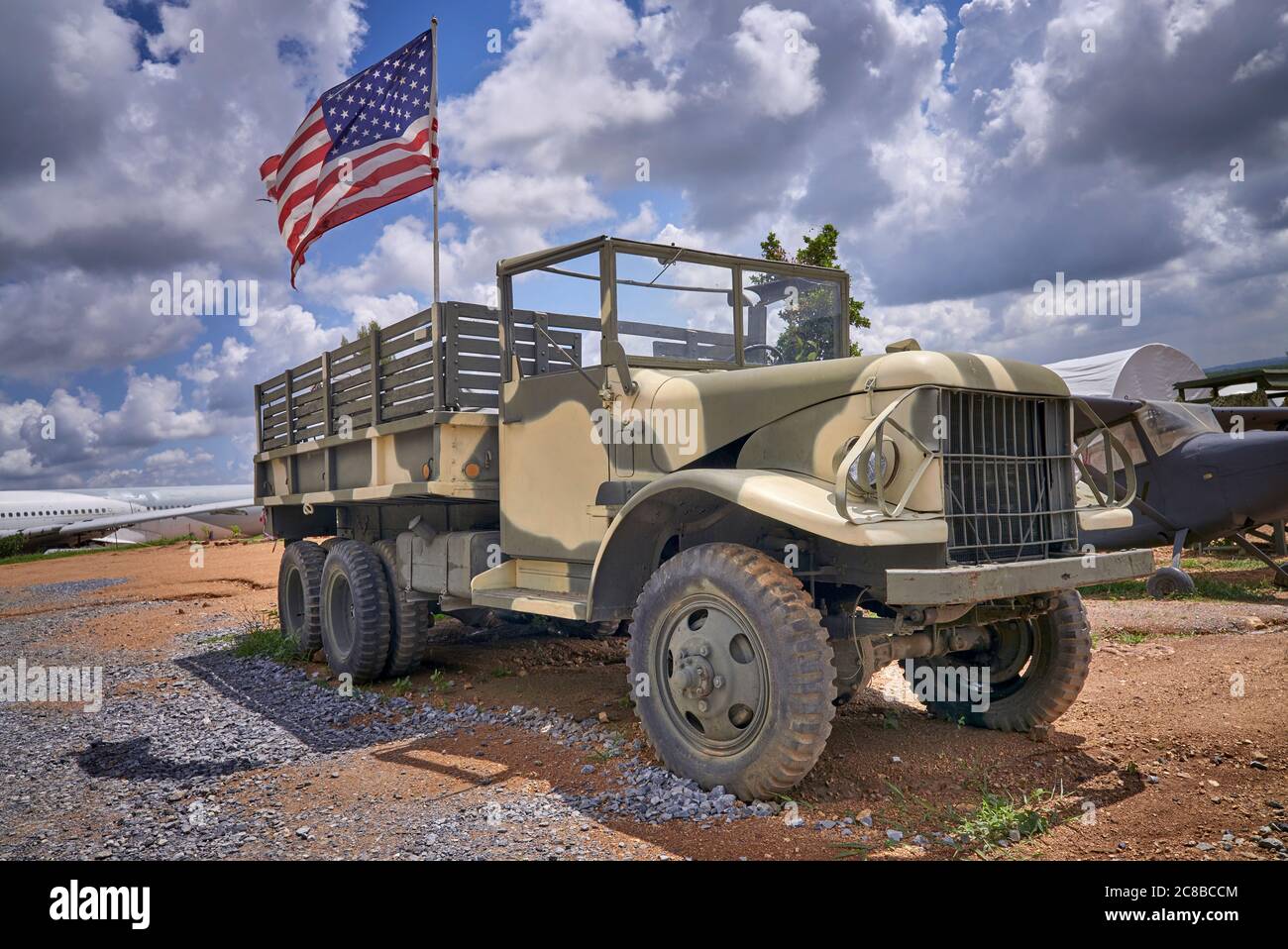 Truck USA Army WW2 vehicle. Coffee War reconstruction site with vintage ...