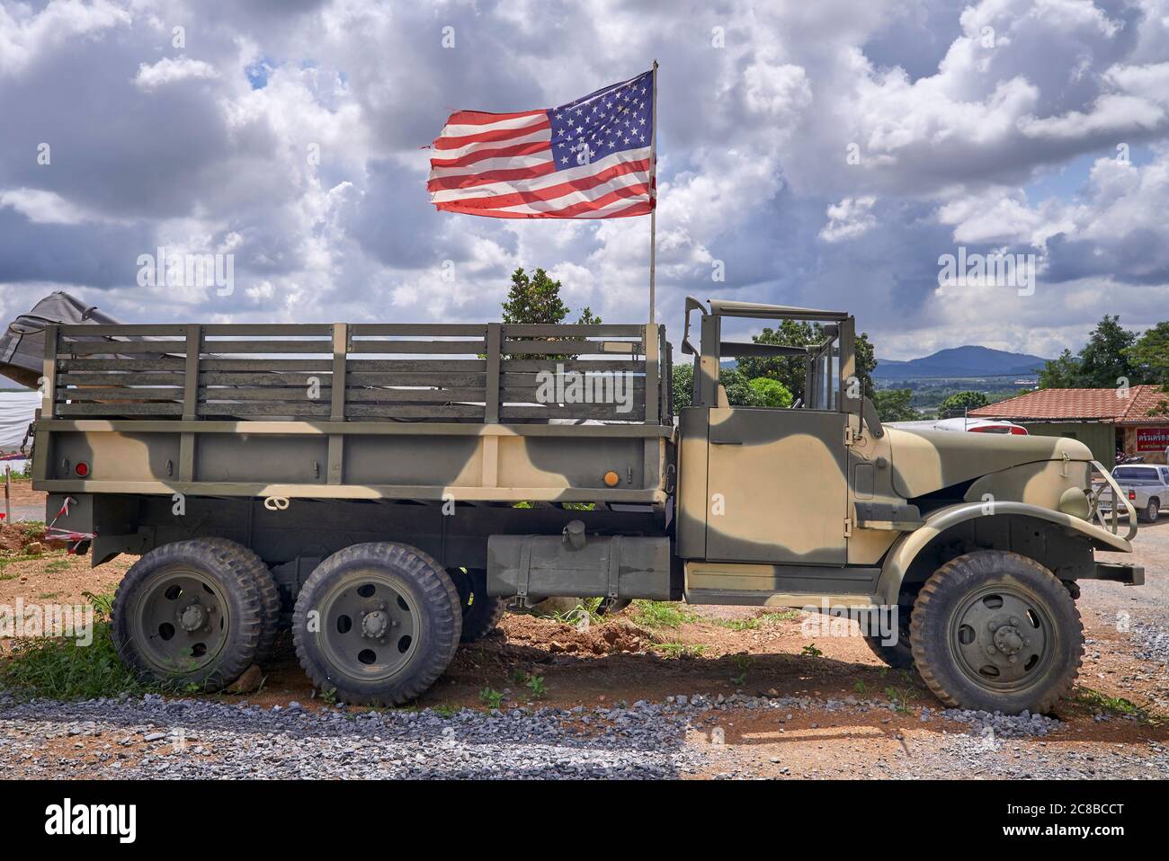 Truck USA Army WW2 vehicle. Coffee War reconstruction site with vintage ...