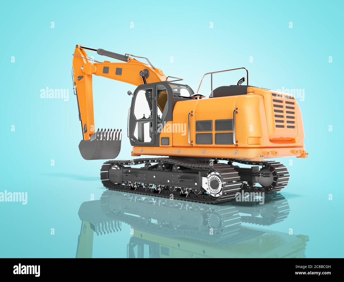 Construction machinery orange large excavator rear view 3D render on ...