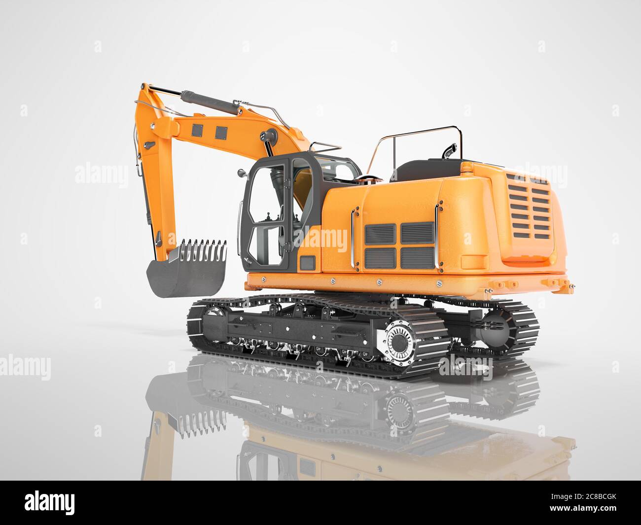 Construction machinery orange large excavator rear view 3D render on ...
