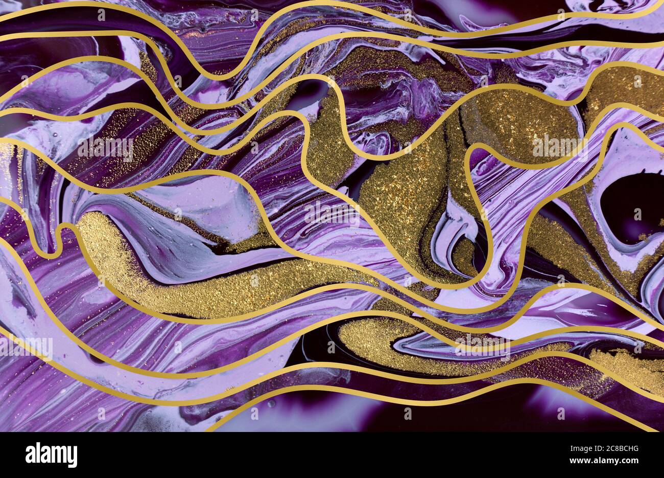 Mixed purple inks background with golden glitter. Abstract paint ...