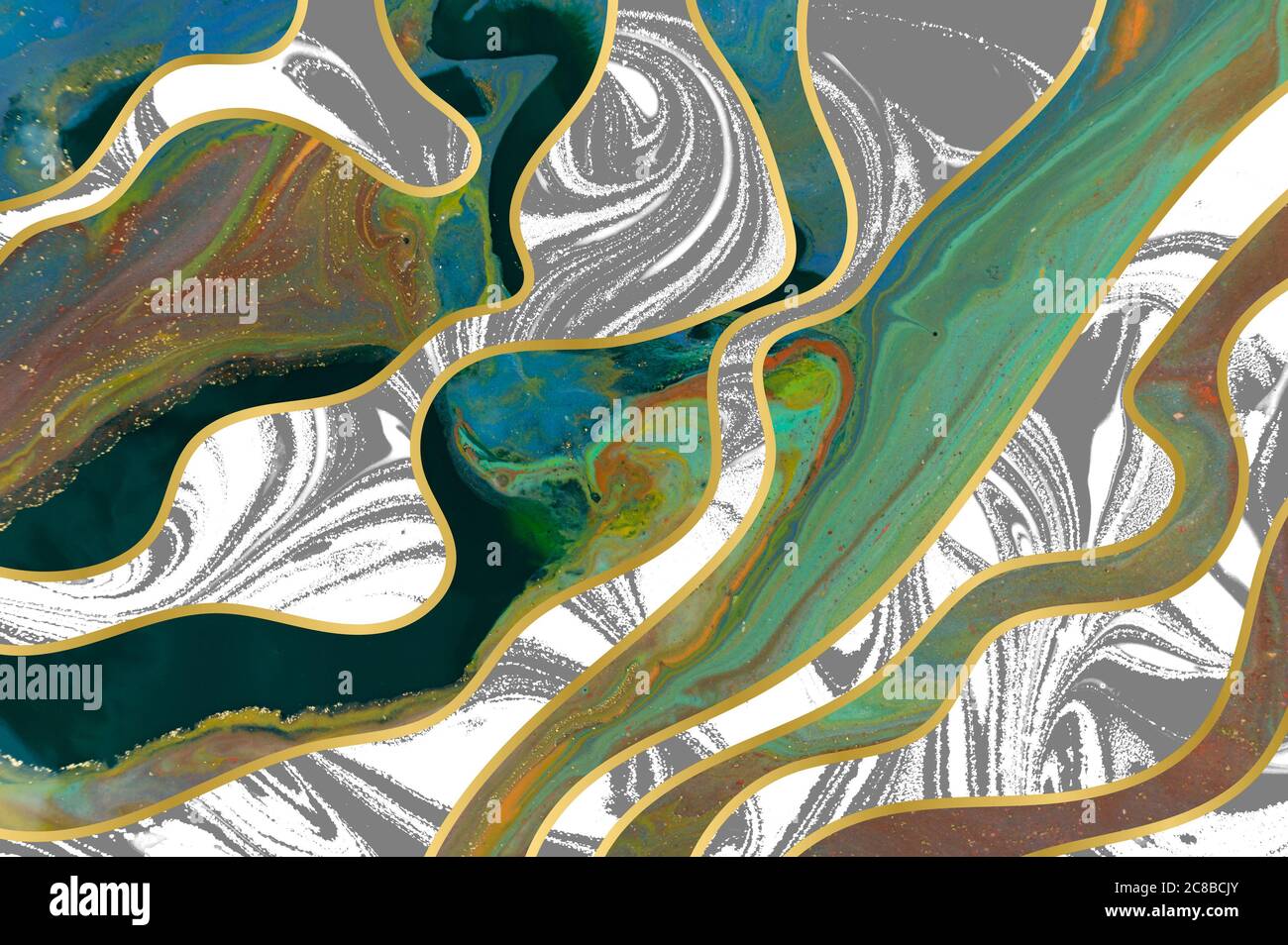 Green, gray and gold ripple pattern. Marble texture with layers. Gold ...