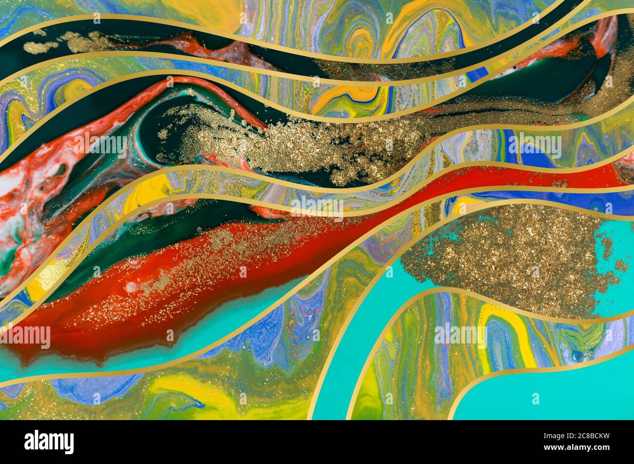 Colorful ripple pattern. Marble texture with layers. Gold particles ...