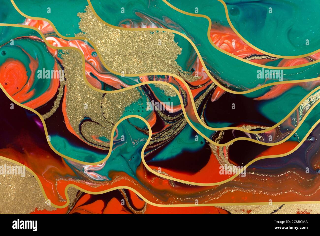 Green, red and gold ripple pattern. Marble texture with layers. Gold ...