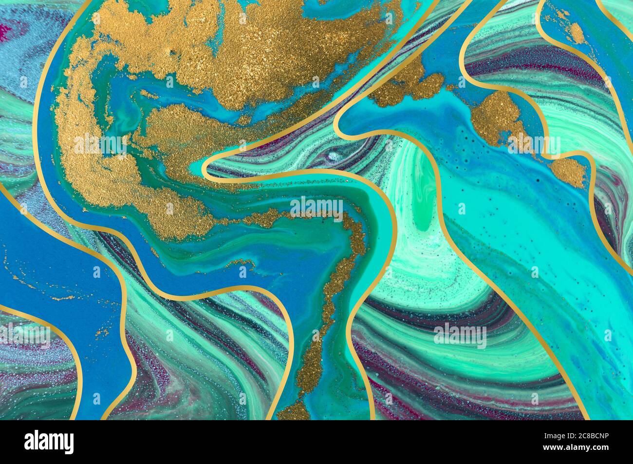 Green, blue and gold ripple pattern. Marble texture with layers. Gold ...
