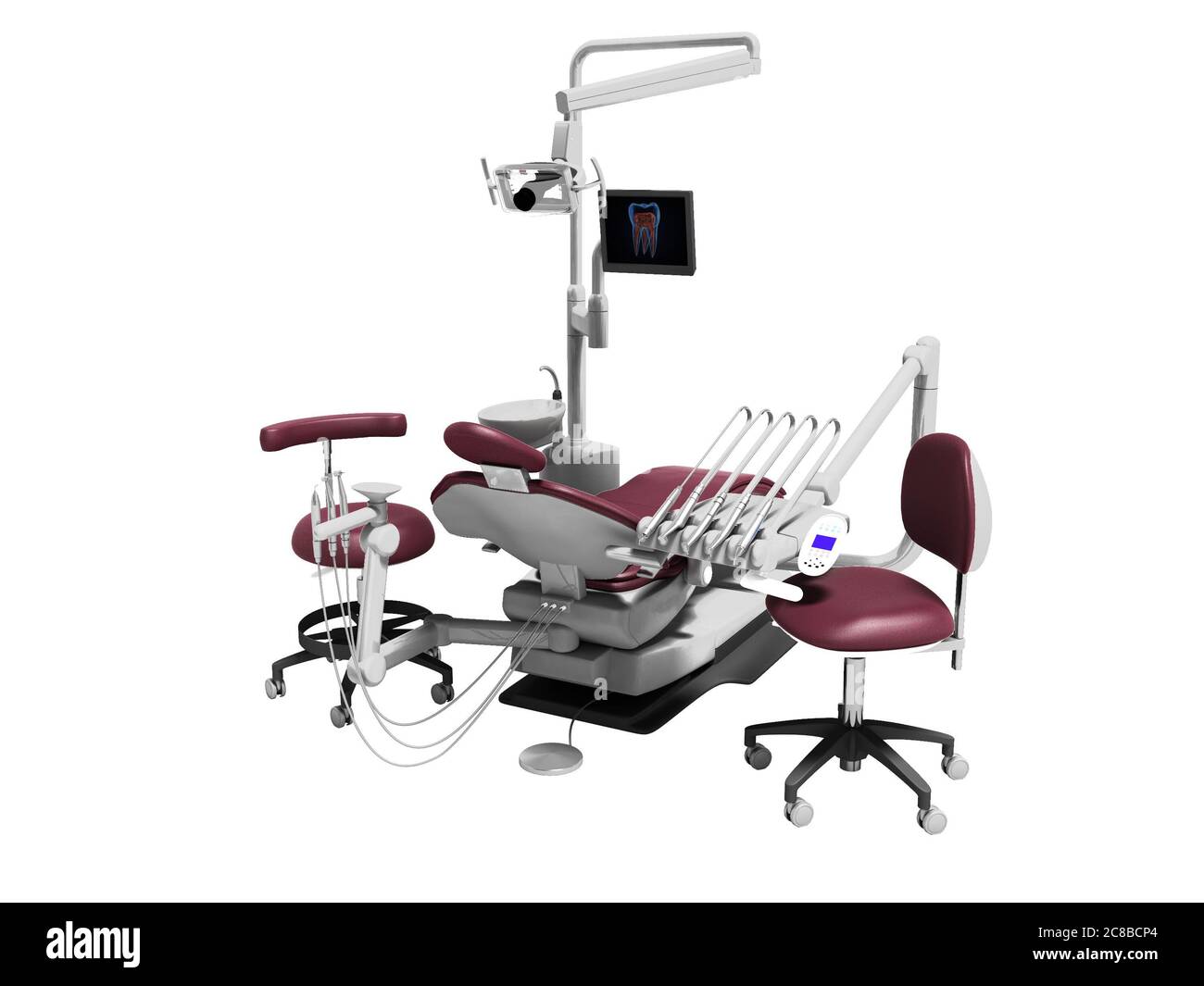 Dental unit red leather chair of dentist and assistants chair 3d render ...