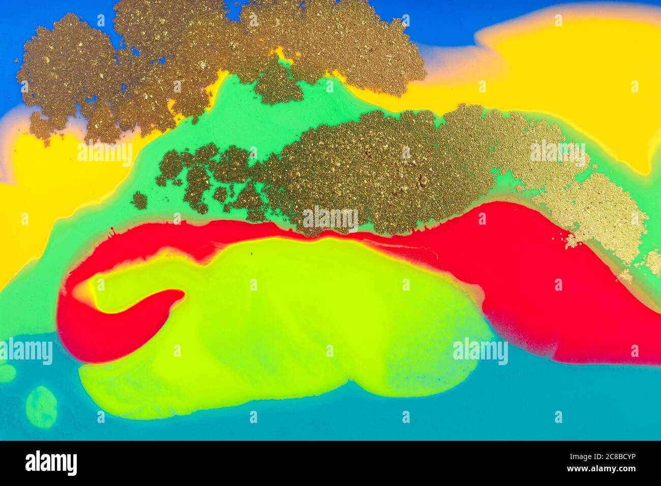 Neon colored marble pattern with golden glitter. Fluorescent liquid ...