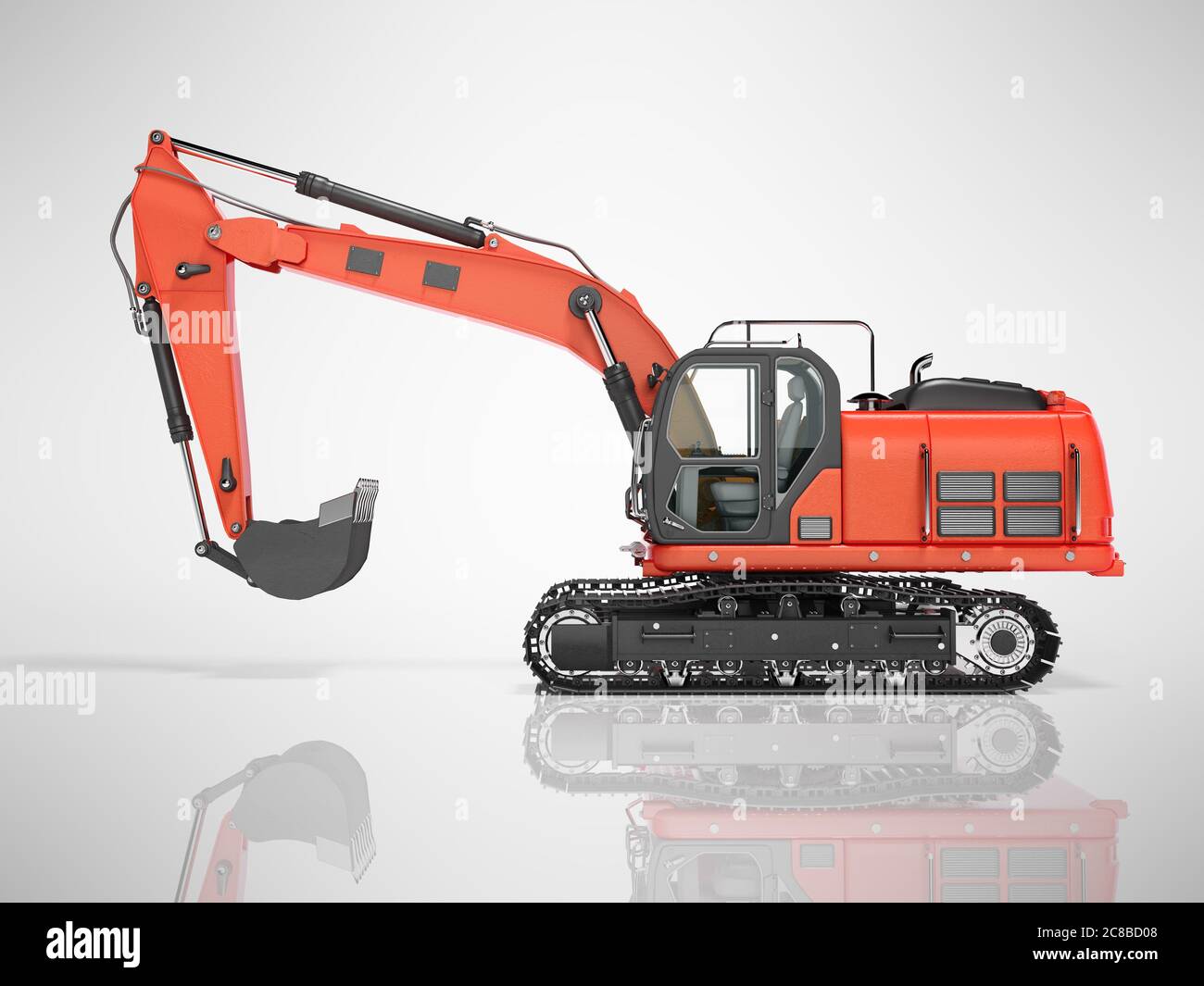 Road building red excavator on metal caterpillar track left side view ...