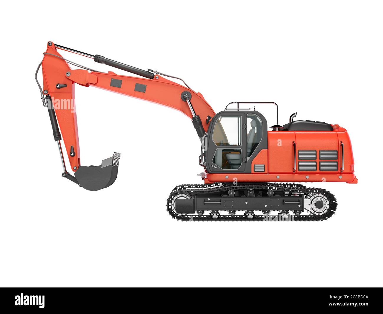 Road building red excavator on metal caterpillar track left side view ...