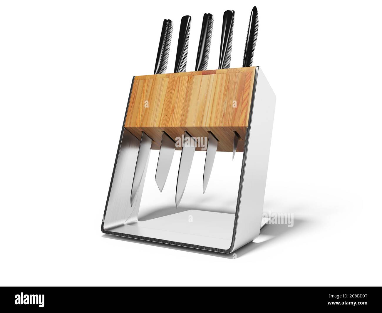 set of five kitchen knives wooden stand 3d render on white background ...