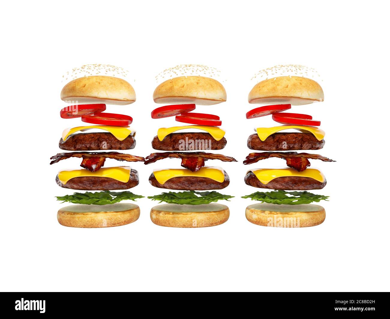 Set of three hamburgers disassembled 3D render on white background no ...