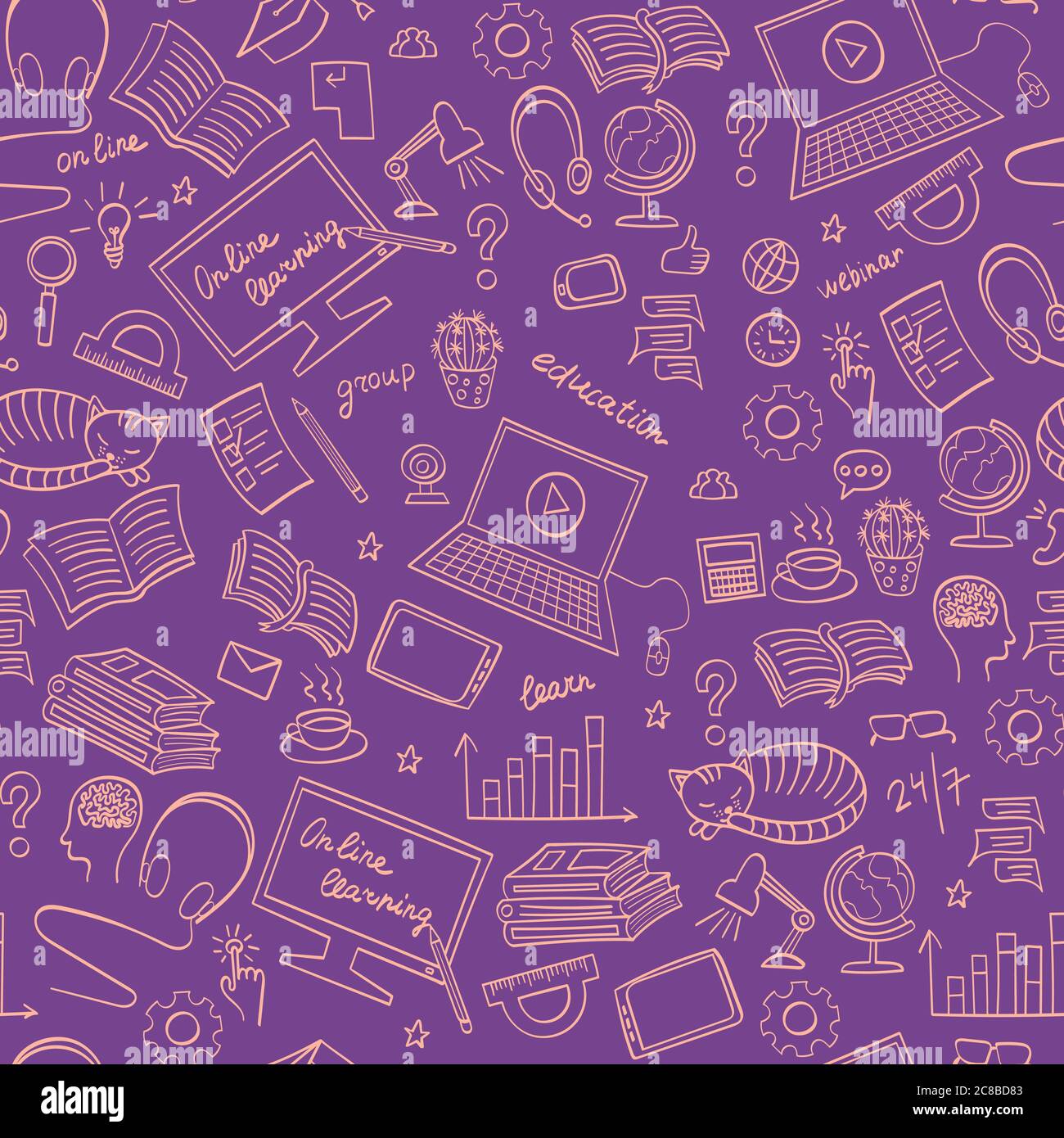 Online education seamless pattern. Distance learning doodles on purple ...